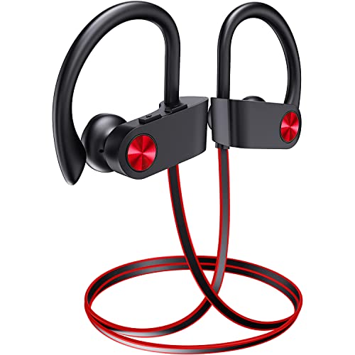 VRIFOZ Bluetooth Headphones, IPX7 Waterproof Wireless Sports Earbuds for Workout Gym, 12 Hrs Playtime Running Headphones with Noise Cancelling Mic, HiFi Bass Stereo in-Ear Earphones - RedBlack