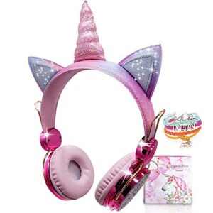 kids headphones, wireless headphones for kids unicorn headphones for girls bluetooth headphones w/mic with adjustable headband, over on ear headset for smartphones/school/kindle/tablet/pc online study