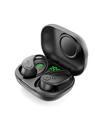 Bluedio S6 Sport Earhooks Earphones Wireless Earbuds Bluetooth Headphones 42hrs Play with LED Display Charging Case Built-in Mic Headset for Sports Running Workout Black