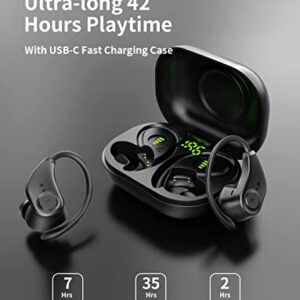 Bluedio S6 Sport Earhooks Earphones Wireless Earbuds Bluetooth Headphones 42hrs Play with LED Display Charging Case Built-in Mic Headset for Sports Running Workout Black