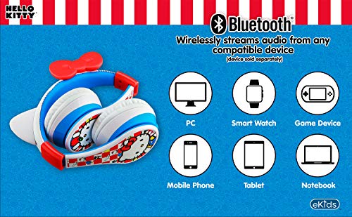 eKids Hello Kitty Kids Bluetooth Headphones, Wireless Headphones with Microphone Includes Aux Cord, Volume Reduced Kids Foldable Headphones for School, Home, or Travel