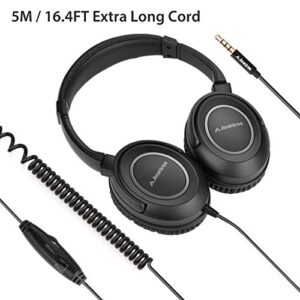 Avantree HF039 Long Coiled Cord Headphones for TV and PC with Volume Control, Stero/Mono Control,16.4 Feet / 5M Extended Range Cable, 3.5mm AUX Audio, Stereo Sound Spiral Wired Over Ear Headphones