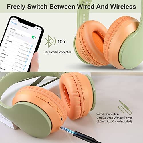 esonstyle Bluetooth Headphones Over Ear Foldable Wireless and Wired Stereo Headset with Mic Soft Earmuffs Light Weight for Phone TV PC Online Class Home Office (Olive Green)