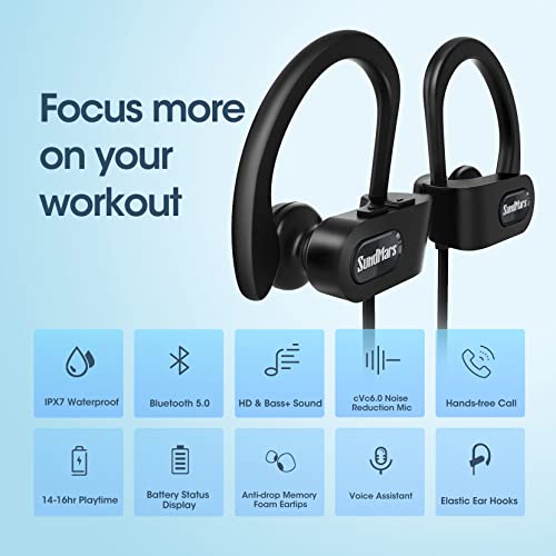 Sundmars Bluetooth Headphones, Running Headphones with 16 Hrs Playtime, HD Stereo Sports Earbuds IPX7 Waterproof/CVC6.0 Noise Cancelling Microphone Wireless Earphones, Headsets for Workout,Gym,Black