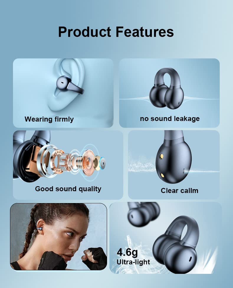 Ear-Clip Bone Conduction Headphones Bluetooth 5.3 Open Ear Clip on Headphone Clip Type Bluetooth Earphones Wireless In Ear Earbuds Bluetooth Headset Ear Clip Wireless Earbuds Earphones for Travel