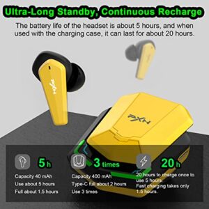 True Wireless Earbuds with Microphones, PXN S2 In-Ear Headphones, Sound Stereo Earbuds, Low-latency Gaming Earphones Built-in Dual Microphone, Includes Compact Charging Case & 3 Pairs Ear Tips -Yellow