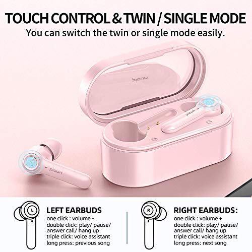 Picun True Wireless Earbuds 36 Hours Playtime, Bluetooth V5.0 Headphones, HiFi Immersive Bass in-Ear Headsets IPX8 Waterproof Sports Earphones w/HD Mic, Touch Control, USB-C, Fit for Women Girl Pink