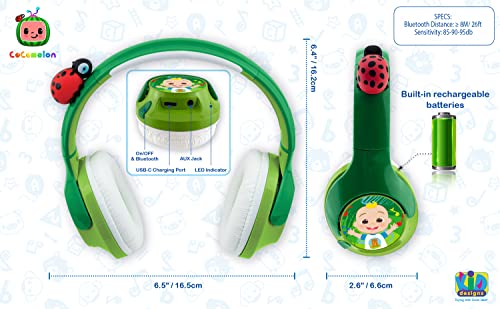 eKids Cocomelon Bluetooth Headphones for Kids, Wireless Headphones with Rechargeable Battery and USB-C Charging Cable Included