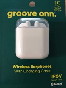 onn. 15 hours of playtime white, wireless earphones with charging case