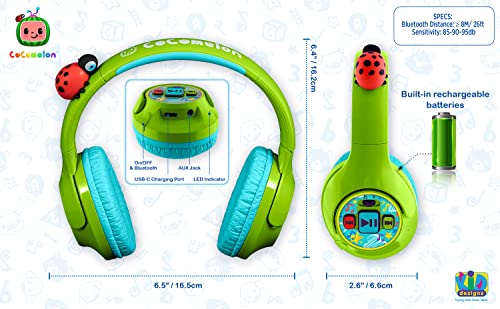 eKids Cocomelon Toddler Headphones with Built-in Kids Music, Bluetooth Headphones with Rechargeable Battery and USB-C Charging Cable Included