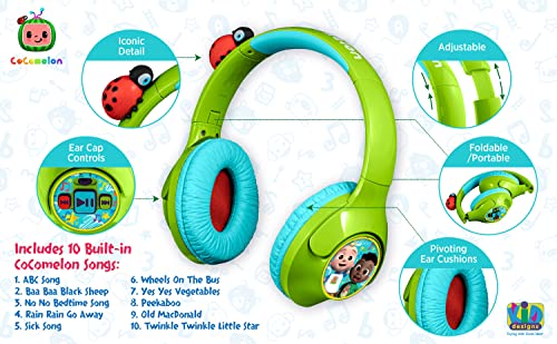 eKids Cocomelon Toddler Headphones with Built-in Kids Music, Bluetooth Headphones with Rechargeable Battery and USB-C Charging Cable Included