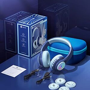 iClever TransNova Kids Bluetooth Headphones, LED Lights Up, Replaceable Plate, 74/85/94dB Volume Limited, 45H Playtime, Stereo Sound, Kids Headphones Wireless with Case for Travel iPad Tablet, Blue