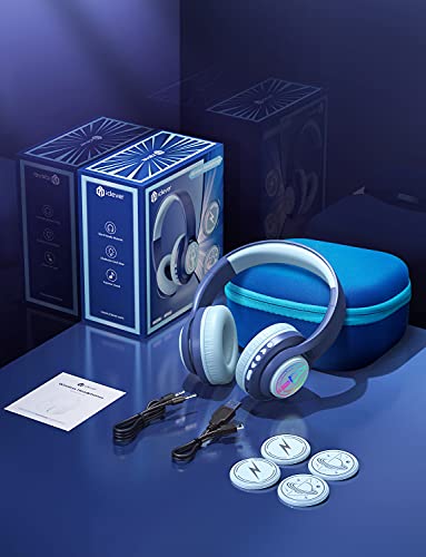 iClever TransNova Kids Bluetooth Headphones, LED Lights Up, Replaceable Plate, 74/85/94dB Volume Limited, 45H Playtime, Stereo Sound, Kids Headphones Wireless with Case for Travel iPad Tablet, Blue