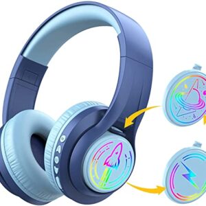 iClever TransNova Kids Bluetooth Headphones, LED Lights Up, Replaceable Plate, 74/85/94dB Volume Limited, 45H Playtime, Stereo Sound, Kids Headphones Wireless with Case for Travel iPad Tablet, Blue