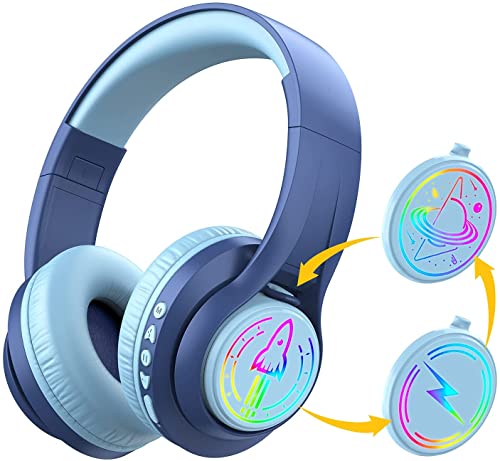 iClever TransNova Kids Bluetooth Headphones, LED Lights Up, Replaceable Plate, 74/85/94dB Volume Limited, 45H Playtime, Stereo Sound, Kids Headphones Wireless with Case for Travel iPad Tablet, Blue