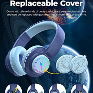 iClever TransNova Kids Bluetooth Headphones, LED Lights Up, Replaceable Plate, 74/85/94dB Volume Limited, 45H Playtime, Stereo Sound, Kids Headphones Wireless with Case for Travel iPad Tablet, Blue