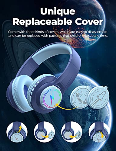 iClever TransNova Kids Bluetooth Headphones, LED Lights Up, Replaceable Plate, 74/85/94dB Volume Limited, 45H Playtime, Stereo Sound, Kids Headphones Wireless with Case for Travel iPad Tablet, Blue