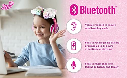 JoJo Siwa Kids Bluetooth Headphones for Wireless Rechargeable Foldable Bluetooth Headphones with Microphone Kid Friendly Sound and Bonus Detachable Cord