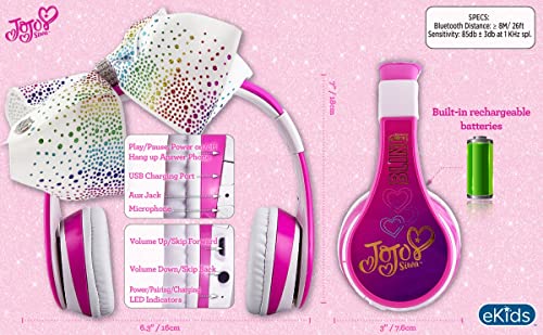 JoJo Siwa Kids Bluetooth Headphones for Wireless Rechargeable Foldable Bluetooth Headphones with Microphone Kid Friendly Sound and Bonus Detachable Cord