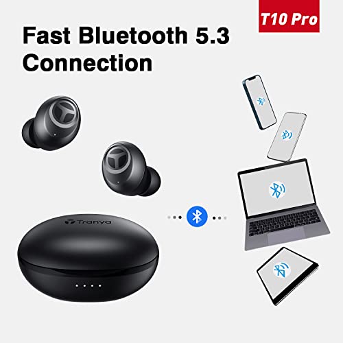 TRANYA T10 Pro Wireless Earbuds Bluetooth 5.3, 12mm Driver with Premium Deep Bass, Wireless Charging, IPX7 Waterproof, Low-Latency Game Mode in Ear Headphones - Black