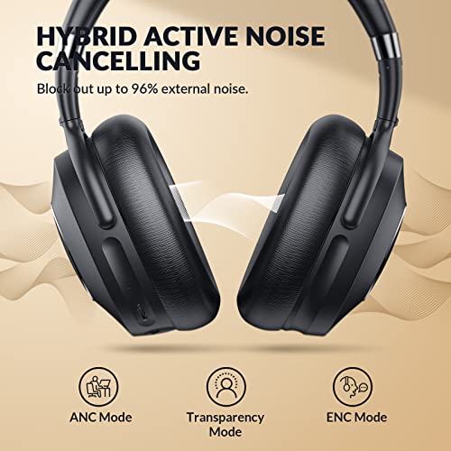 MOVSSOU SE8 Hybrid Active Noise Cancelling Headphones, Wireless Over-Ear Bluetooth Headphones with Hi-Fi Stereo Sound, Comfortable Protein Earpads, 30H Playtime - Space Black