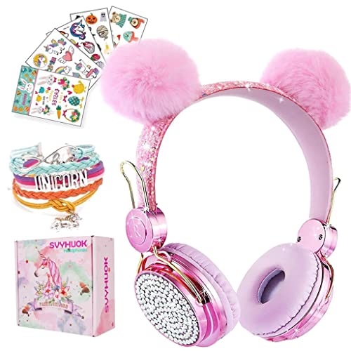 SVYHUOK Unicorn Kids Bluetooth Headphones for Girls, Wireless Headset with Microphone for Teens, Safe Volume Limited 85db POM Cat Ear Over-Ear HD with Mic for School/Tablet/Birthday Xmas Gift