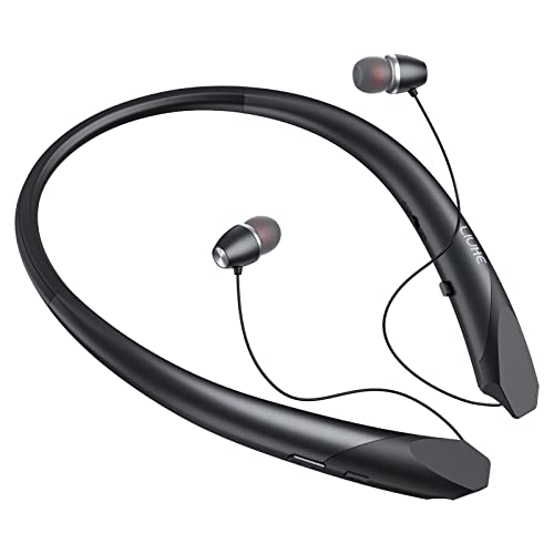 NVOPERANG Bluetooth Headphones Neckband, Wireless Bluetooth Headset with Retractable Earbuds CVC 8.0 Noise Cancelling Stereo Sweatproof Earphones with Mic for Gym Running, Office (Black)