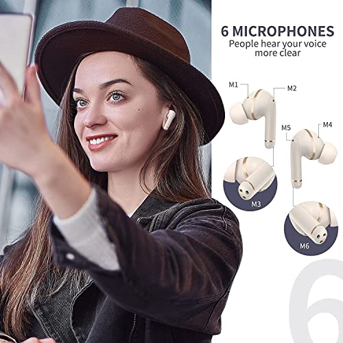 INSMY Wireless Earbuds, Hybrid Active Noise Cancelling Earphones 6 Mics for Clear Calls Authentic Audio Big Bass, 36H Playtime Bluetooth in-Ear Headphones ANC/Ambient Mode Upgraded (Oat White)