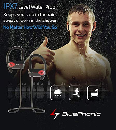 BluePhonic Bluetooth Earbuds Headphones, Best Wireless Sports Earbuds w/Mic HD Stereo Sweatproof Earphones for Gym Running Workout IPX7 Waterproof Noise Cancelling Earphones Noise Cancelling Headsets