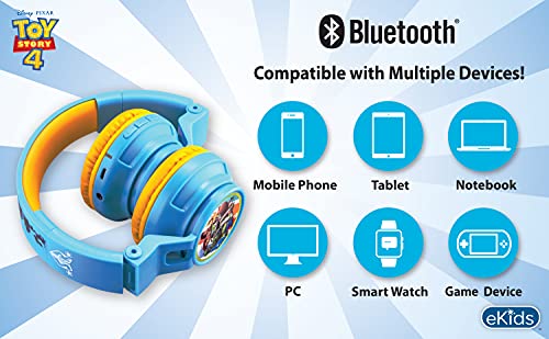 eKids Toy Story 4 Kids Bluetooth Headphones, Wireless Headphones with Microphone Includes Aux Cord, Volume Reduced Kids Foldable Headphones for School, Home, or Travel