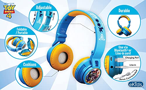 eKids Toy Story 4 Kids Bluetooth Headphones, Wireless Headphones with Microphone Includes Aux Cord, Volume Reduced Kids Foldable Headphones for School, Home, or Travel