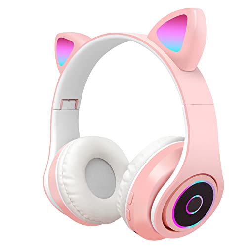 QIGOMINPP Bluetooth Headphones Over Head, Rechargeable Wireless Headphones with LED Lighting for Women Girls Students Kids Tablet School iPad Smartphones (Pink)