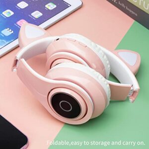 QIGOMINPP Bluetooth Headphones Over Head, Rechargeable Wireless Headphones with LED Lighting for Women Girls Students Kids Tablet School iPad Smartphones (Pink)