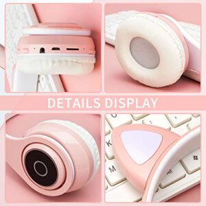 QIGOMINPP Bluetooth Headphones Over Head, Rechargeable Wireless Headphones with LED Lighting for Women Girls Students Kids Tablet School iPad Smartphones (Pink)