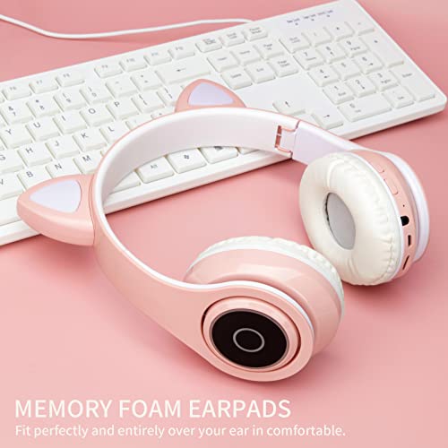 QIGOMINPP Bluetooth Headphones Over Head, Rechargeable Wireless Headphones with LED Lighting for Women Girls Students Kids Tablet School iPad Smartphones (Pink)