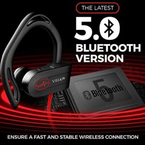 Villain Sport Headphones | Running Headphones | Workout Headphones | Gym Headphones | Wireless Bluetooth Earbuds IPX7 HiFi HD Sound with Thumping Bass