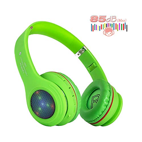 Kids Bluetooth Headphones,LED Light Up Wireless/Wired Headset,85 dB Volume Limiting Foldable Headphones,Built-in Mic,Support FM Radio/Micro SD/TF,for Phone/Tablet/Pad/PC/Kindle/Laptop/TV(Green)