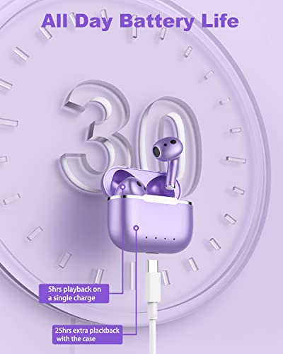 Wireless Earbuds Bluetooth 5.3 Headphones Built-in 4-Mic Clear Call in-Ear Ear Buds Noise Cancelling 30Hrs Playtime Earphones with USB-C Charging Case IPX7 Waterproof Earbuds for iPhone/Android Purple