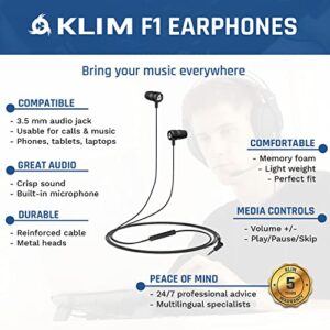 KLIM F1 Earbuds with Microphone + New 2022 + Excellent Audio Quality + Long-Lasting Wired Earphones with Mic + 5 Years Warranty + 3.5 mm Jack in Ear Headphones + Media Controls + Gaming Earbuds