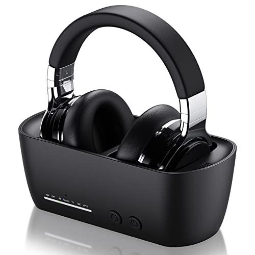 Vonaural Wireless Headphone for TV Watching with Bluetooth 5.0 Transmitter & 2.4GHz RF Transmitter Dock, Over Ear Headset, Low Delay, Immersive Sound, 10Hrs Playtime, Plug n Play, Black