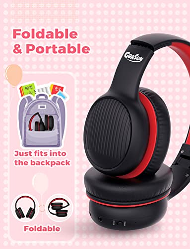 gorsun Premium Kids Headphones with 85/94dB Volume Limited, Wireless Headphones for Kids for School, Kids Bluetooth Headphones Over Ear with Built-in Microphone, Wired/Wireless, Adjustable (Red)