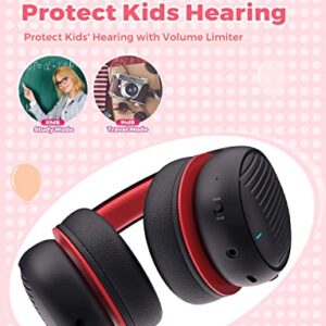 gorsun Premium Kids Headphones with 85/94dB Volume Limited, Wireless Headphones for Kids for School, Kids Bluetooth Headphones Over Ear with Built-in Microphone, Wired/Wireless, Adjustable (Red)