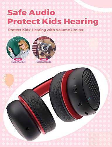 gorsun Premium Kids Headphones with 85/94dB Volume Limited, Wireless Headphones for Kids for School, Kids Bluetooth Headphones Over Ear with Built-in Microphone, Wired/Wireless, Adjustable (Red)