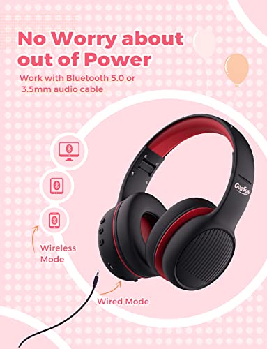 gorsun Premium Kids Headphones with 85/94dB Volume Limited, Wireless Headphones for Kids for School, Kids Bluetooth Headphones Over Ear with Built-in Microphone, Wired/Wireless, Adjustable (Red)