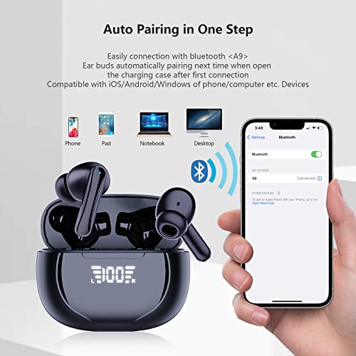 Wireless Earbuds Bluetooth Headphones 52H Playtime & LED Power Display Charging Case, IPX5 Waterproof Earphones, Deep Bass Headset with 4 Mic for Iphone Android Cell Phone Computer Laptop Sports