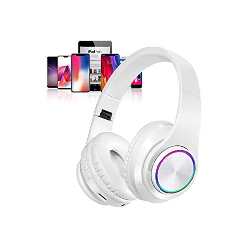 Bluetooth Over Ear Headphones, Colorful LED Lights Headphones with Built-in Mic, Light Weight, Wired and Wireless Foldable HiFi Stereo Headphones for Classroom/Home Office/PC/Mobile Phone-White