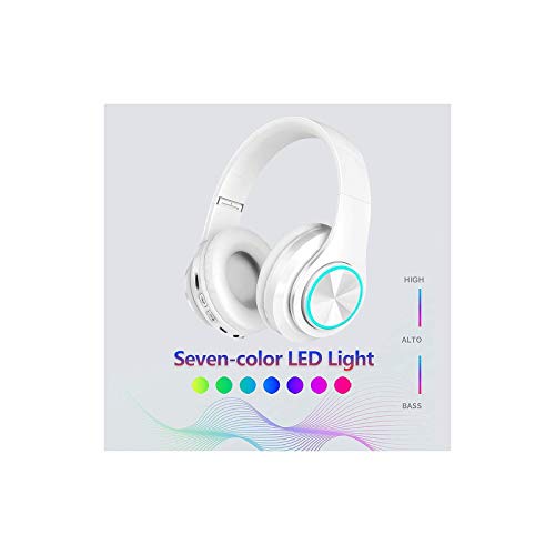 Bluetooth Over Ear Headphones, Colorful LED Lights Headphones with Built-in Mic, Light Weight, Wired and Wireless Foldable HiFi Stereo Headphones for Classroom/Home Office/PC/Mobile Phone-White