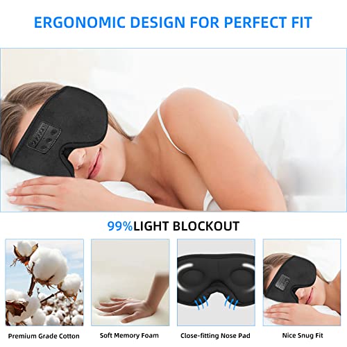 Sleep Headphone, Bluetooth Eye Mask, Wireless Bluetooth 5.0 3D Sleep Earphone, Washable Music Eye Mask with Adjustable Band and Stereo Speaker for Insomnia Travel and Meditation (Black)