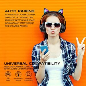 Midola Gaming Bluetooth 5.0 Wireless Headphones Cat Ear Over LED Light Foldable Music Headset with AUX 3.5mm (Built-in) Mic for Adult & Kids PC TV Game Pad Laptop Cellphone Black