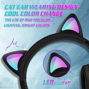 Midola Gaming Bluetooth 5.0 Wireless Headphones Cat Ear Over LED Light Foldable Music Headset with AUX 3.5mm (Built-in) Mic for Adult & Kids PC TV Game Pad Laptop Cellphone Black